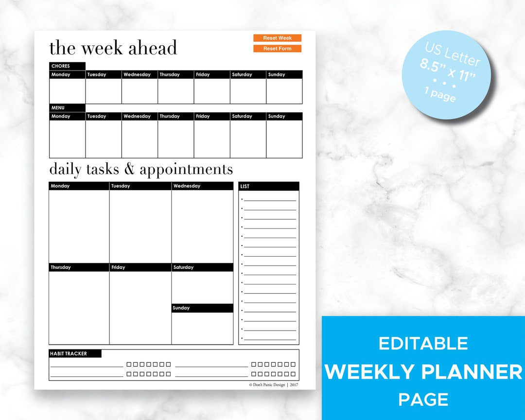 Editable, Printable, Weekly Planner With Chore Tracker, Menu Planner ...
