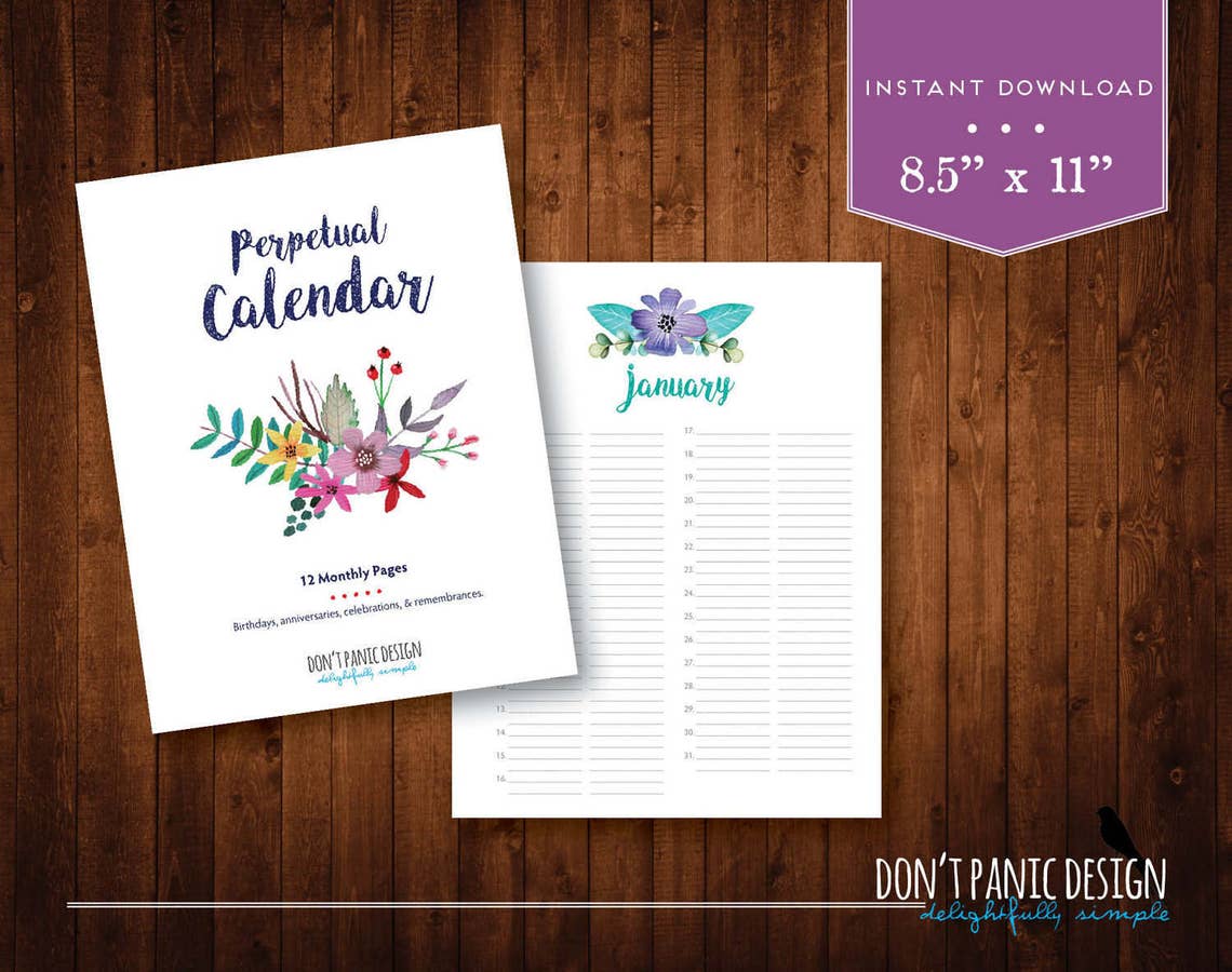 Printable Perpetual Calendar Full Page Watercolor Floral - Etsy
