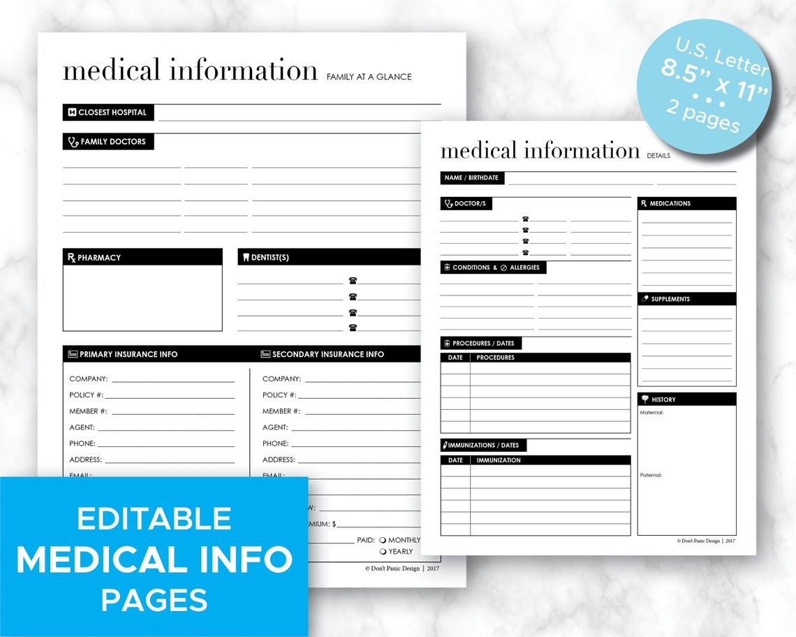 EDITABLE Medical Information Page, Printable Medical Management Pages ...