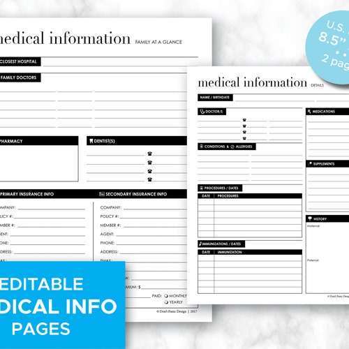 EDITABLE Medical Information Page Printable Medical - Etsy