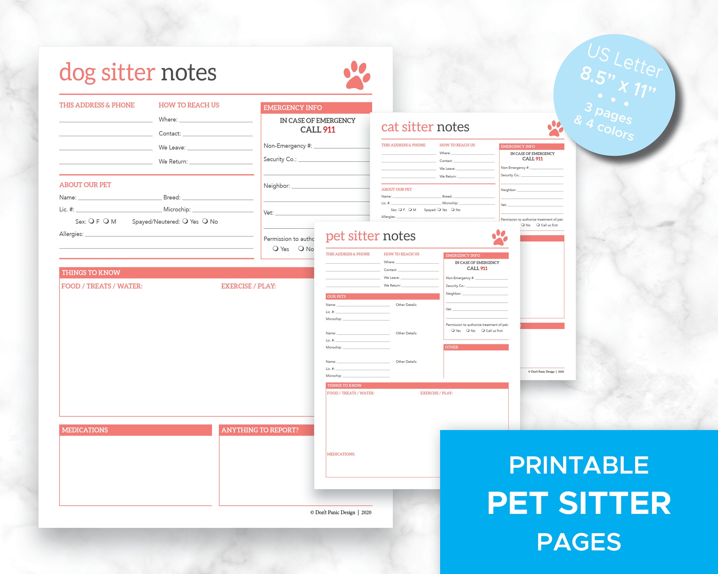 Coral Pink Pet Sitting PDF, Printable Dog Sitter Page, Cat Sitter Page ...