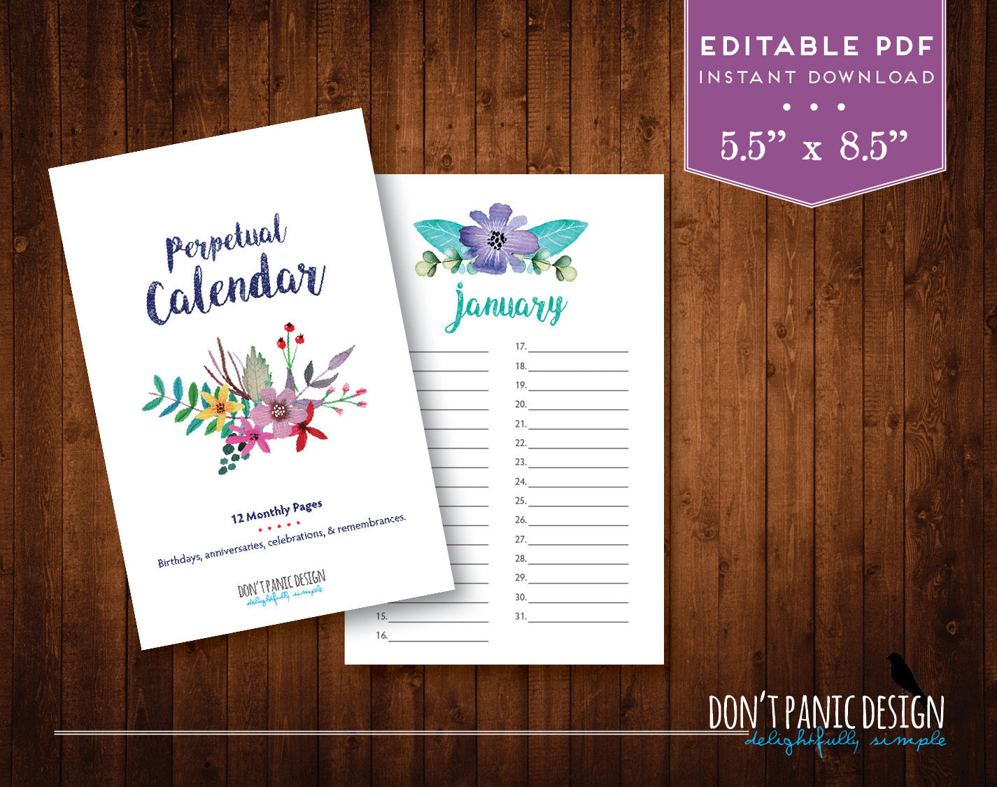 Printable Perpetual Calendar Watercolor Floral Birthday Calendar ...