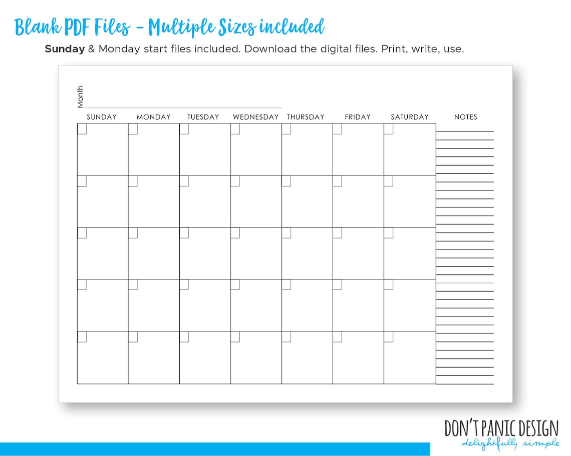 Printable Blank Large Wall Calendar With Notes Section, Office Calendar ...