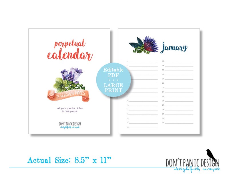 Printable Perpetual Calendar Full Page Floral Birthday - Etsy