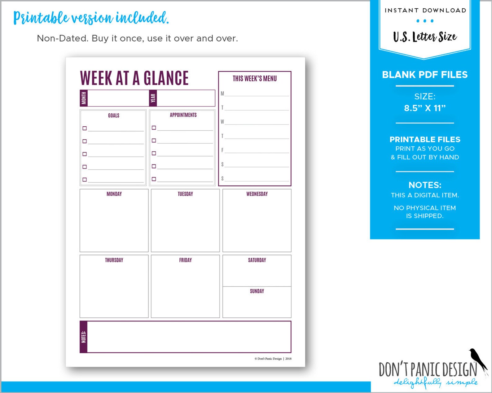 Printable At-a-glance Planner Pages Minimalist Daily Weekly - Etsy