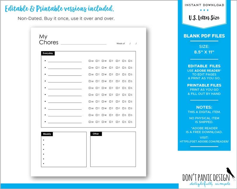 Printable, Editable, Chore Charts for 1, 2, or 4 People Minimalist and ...