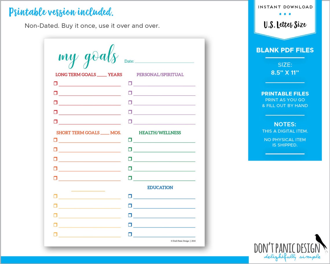 Printable Goal Planner, Fun Colorful, for Long Term, Short Term ...