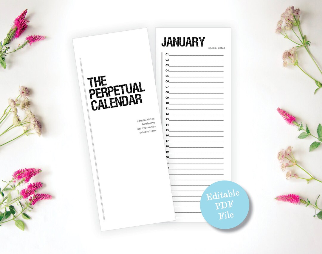 Printable Modern Perpetual Calendar - Editable Pdf Calendar - Birthday ...