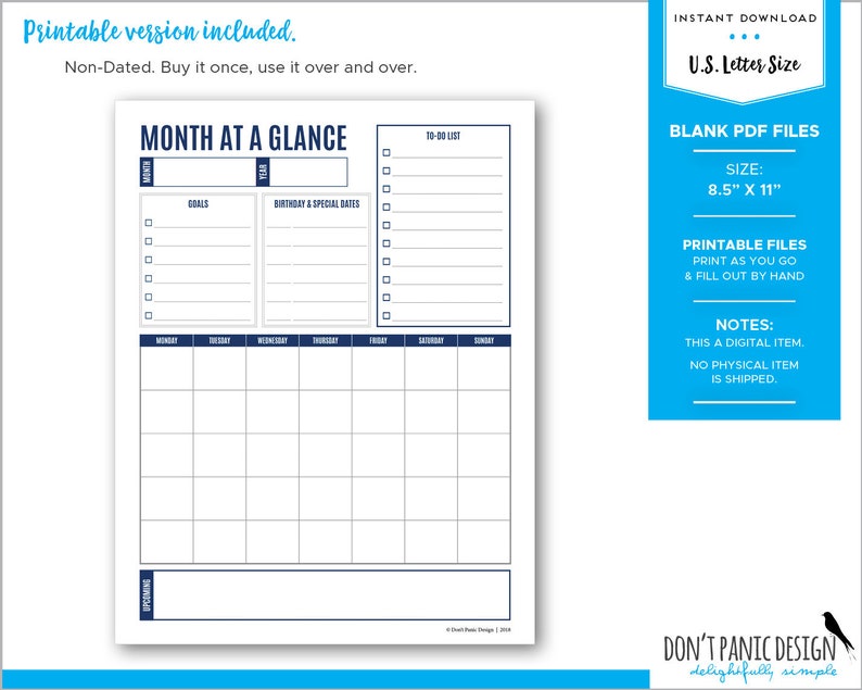 Printable At-a-glance Planner Pages, Minimalist Daily, Weekly, Monthly ...