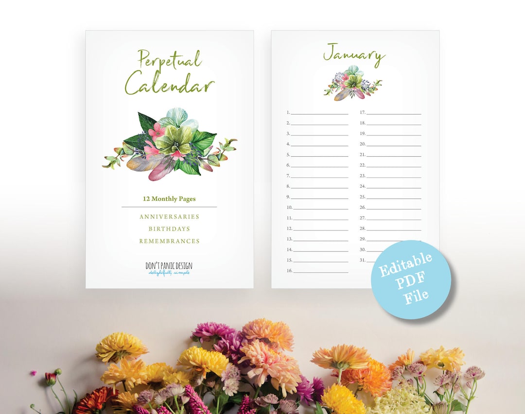 Exotic Flower Perpetual Calendar – Editable PDF, Birthday & Anniversary ...