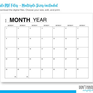 Printable Editable Large Non-dated Wall Calendar - Editable PDF ...