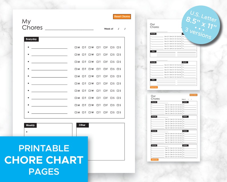 Printable, Editable, Chore Charts for 1, 2, or 4 People Minimalist and ...