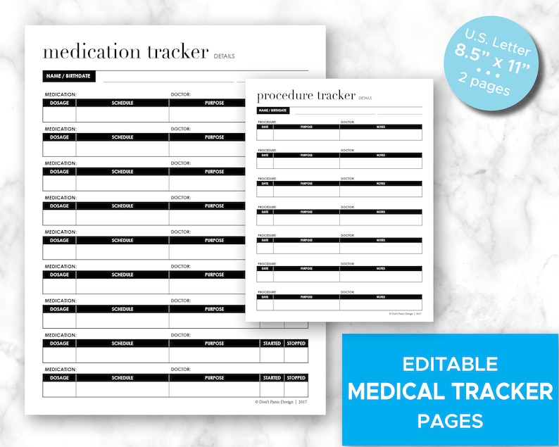 EDITABLE Medication & Procedure Trackers, Printable Medical History ...