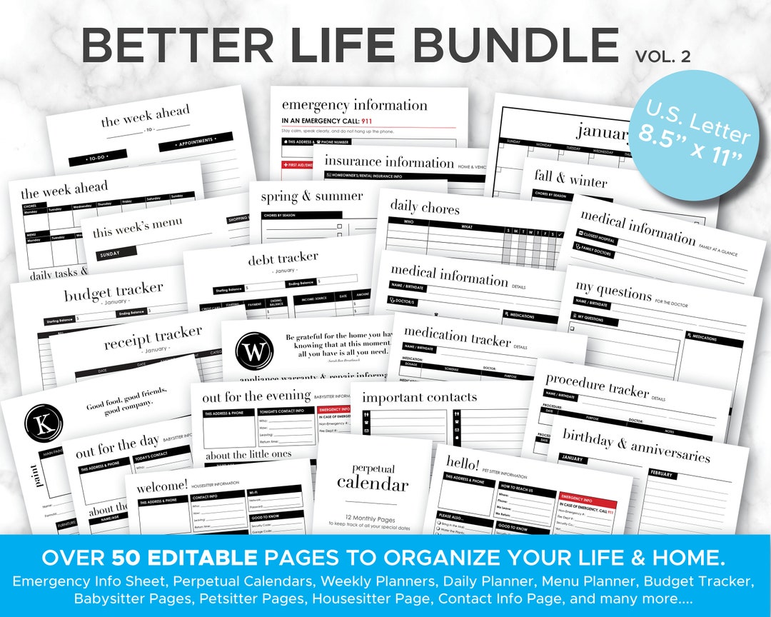 The Better Life Bundle, Editable, Printable Organizing Binder Pages ...