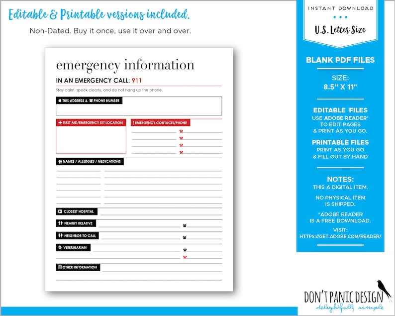 EDITABLE Emergency Information Page, Family Details, ICE, in Case of ...