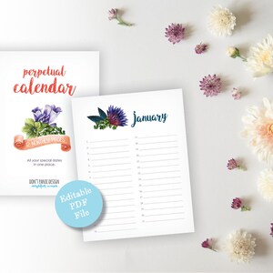 Printable Perpetual Calendar - Full Page Floral Birthday Calendar ...