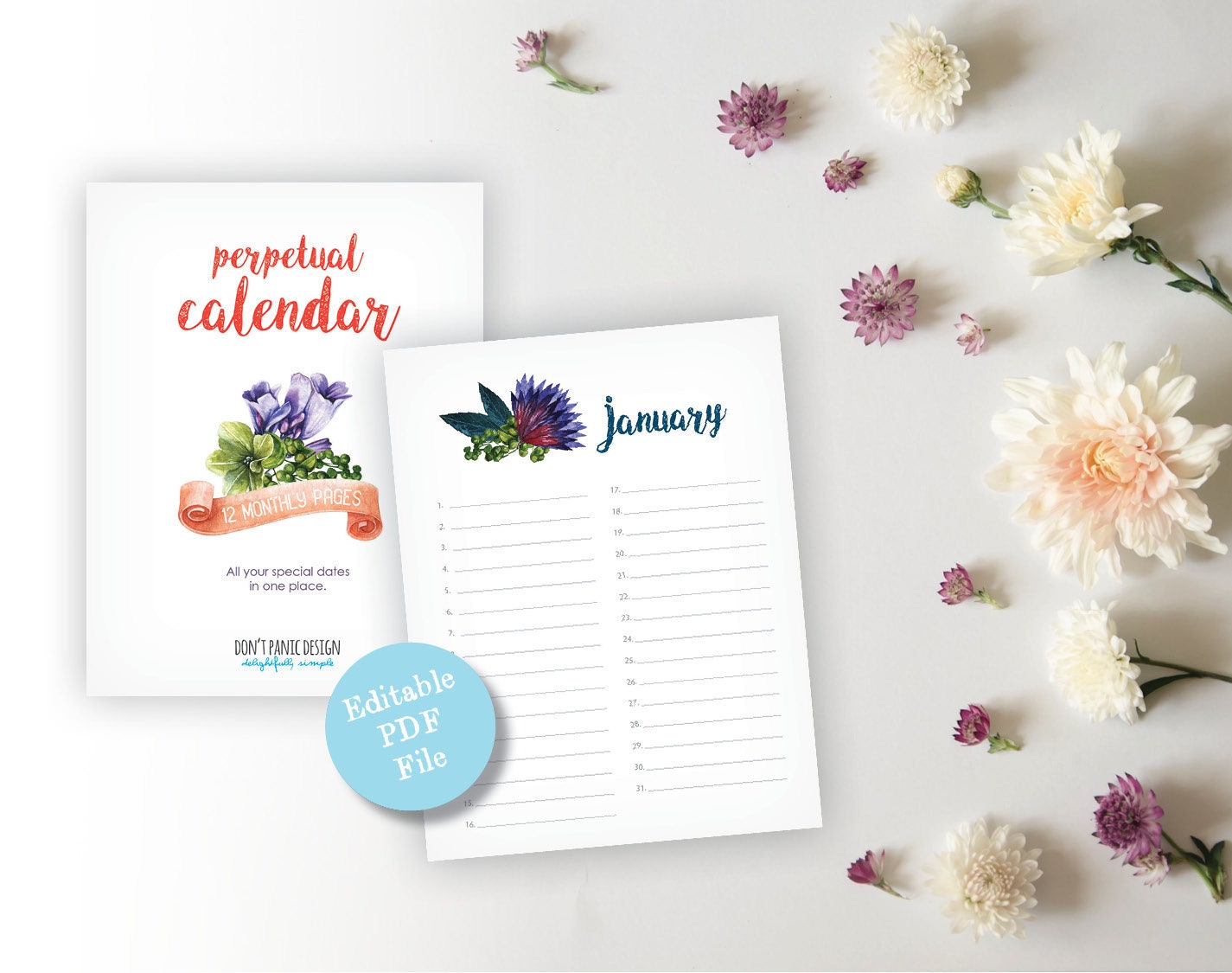 Printable Perpetual Calendar - Full Page Floral Birthday Calendar ...