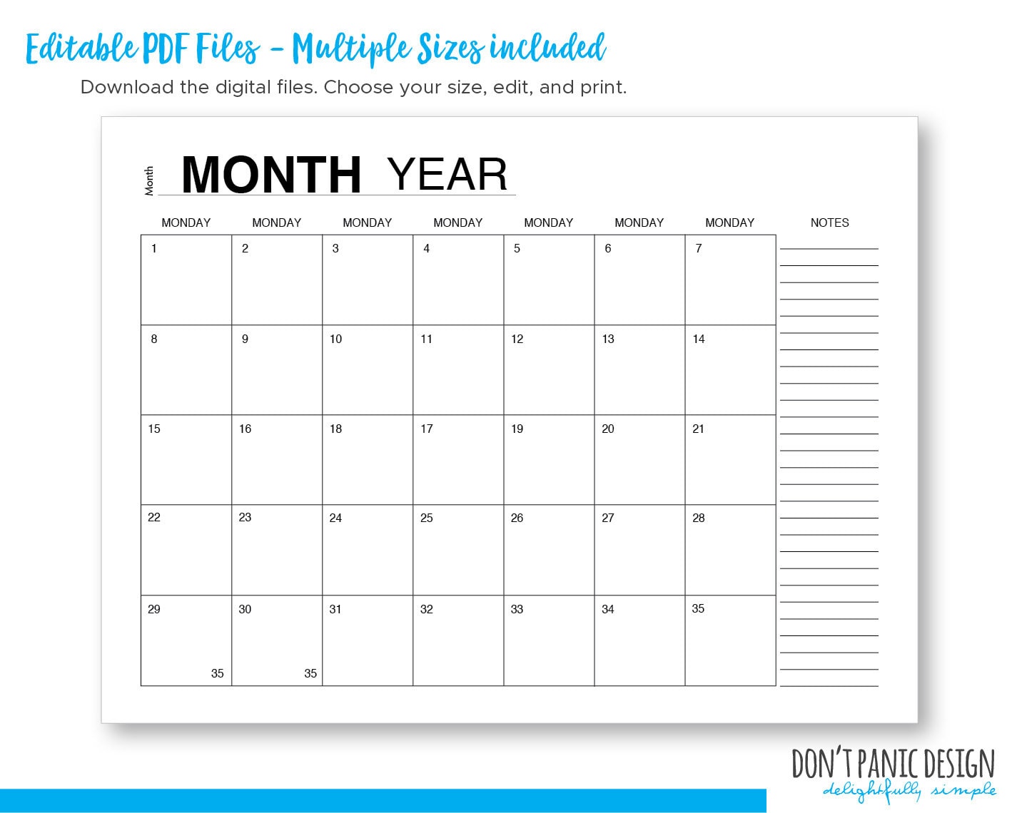 Printable Editable Wall Calendar, Large Calendar With Notes Section and ...