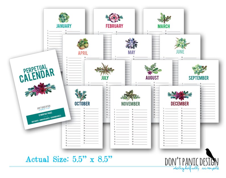 Printable Succulent Perpetual Calendar - Birthday Calendar ...