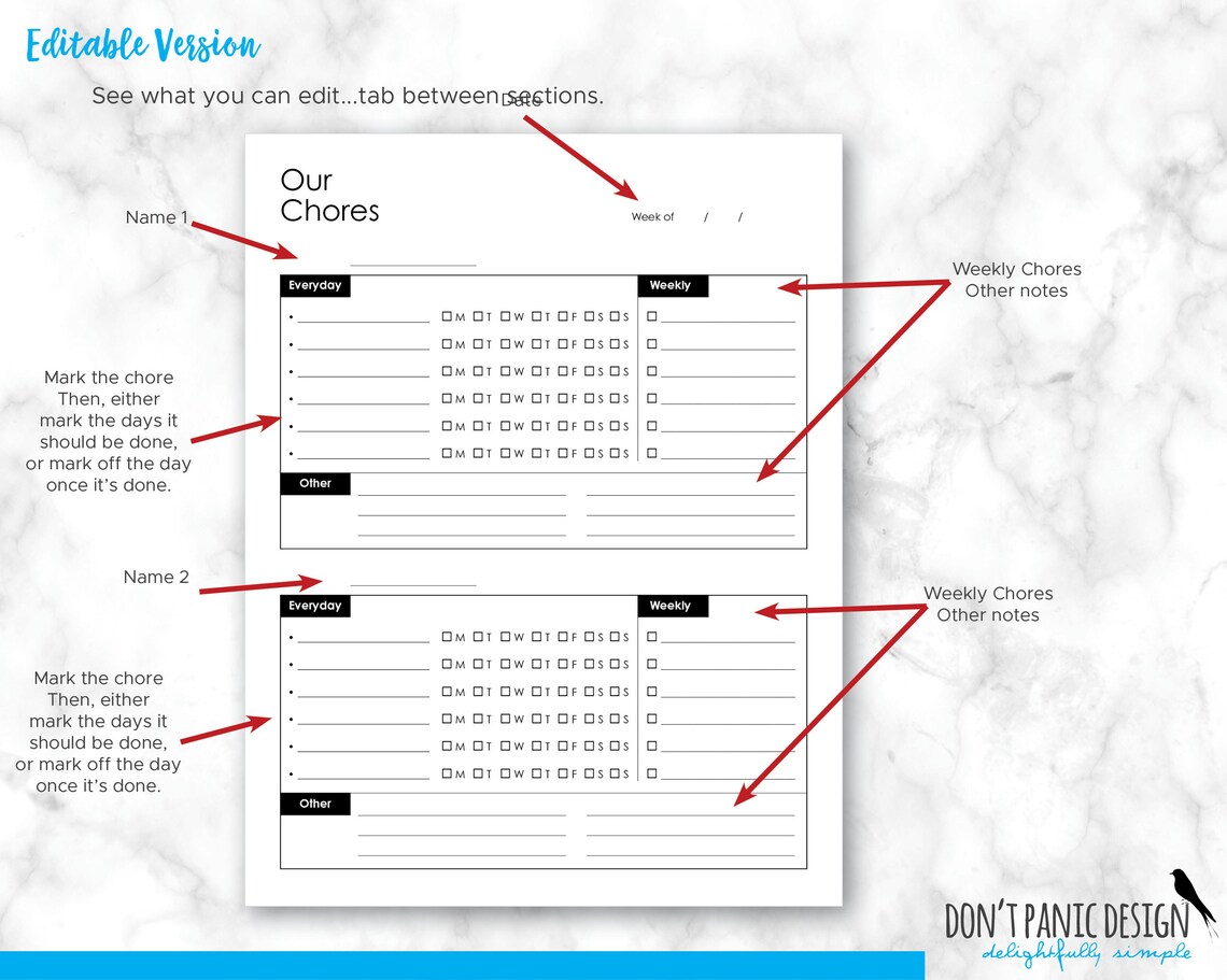 Printable Editable Chore Charts for 1 2 or 4 People | Etsy