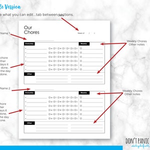 Printable, Editable, Chore Charts for 1, 2, or 4 People Minimalist and ...