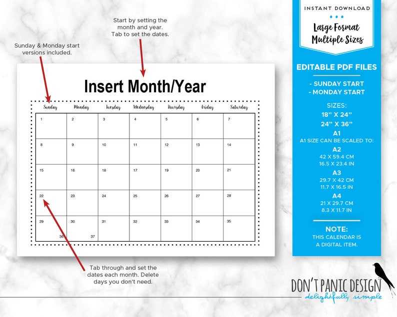 Large, Fun, Printable & Editable Calendar, for a Family Schedule or ...