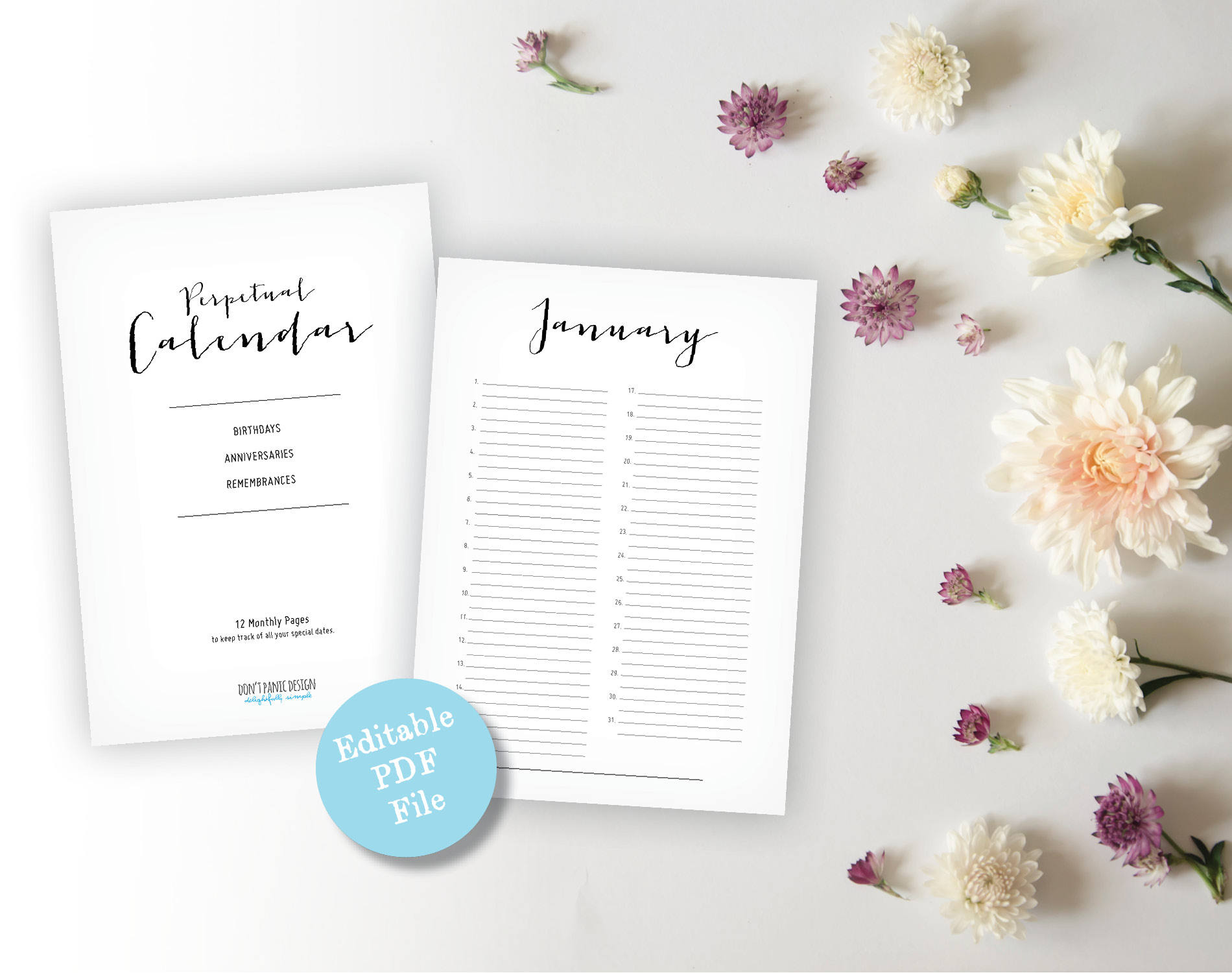Beautiful Perpetual Calendar - U.S. Letter / A4 Size Birthday Calendar ...