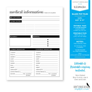 EDITABLE Medical Information Page, Printable Medical Management Pages ...