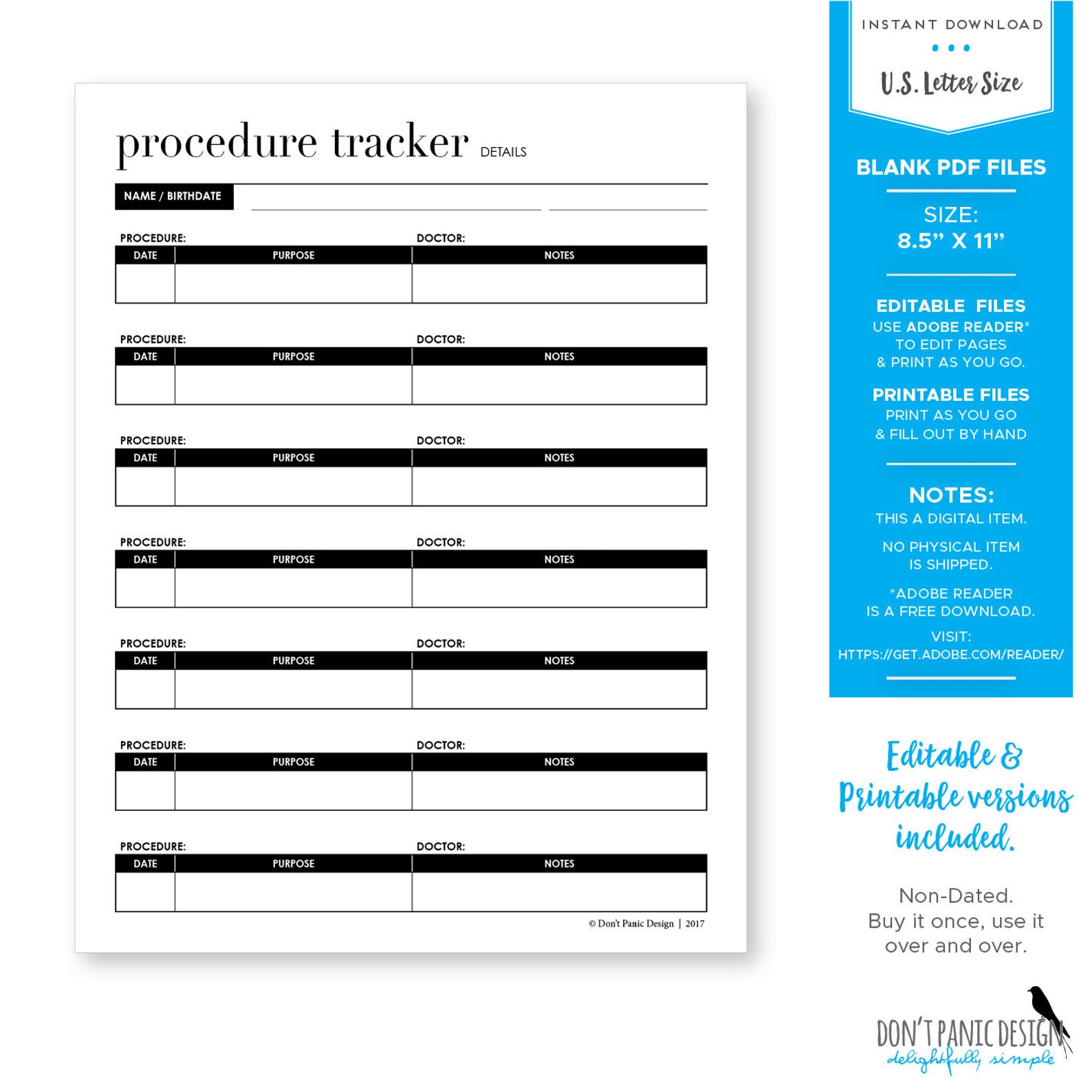 EDITABLE Medication & Procedure Trackers, Printable Medical History ...