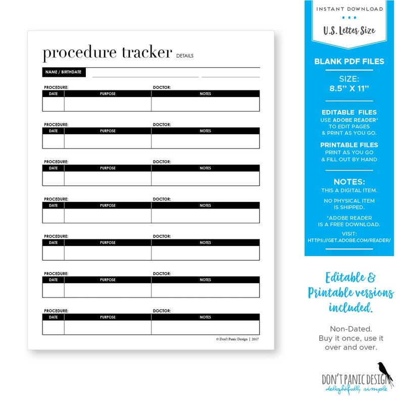 EDITABLE Medication & Procedure Trackers, Printable Medical History ...