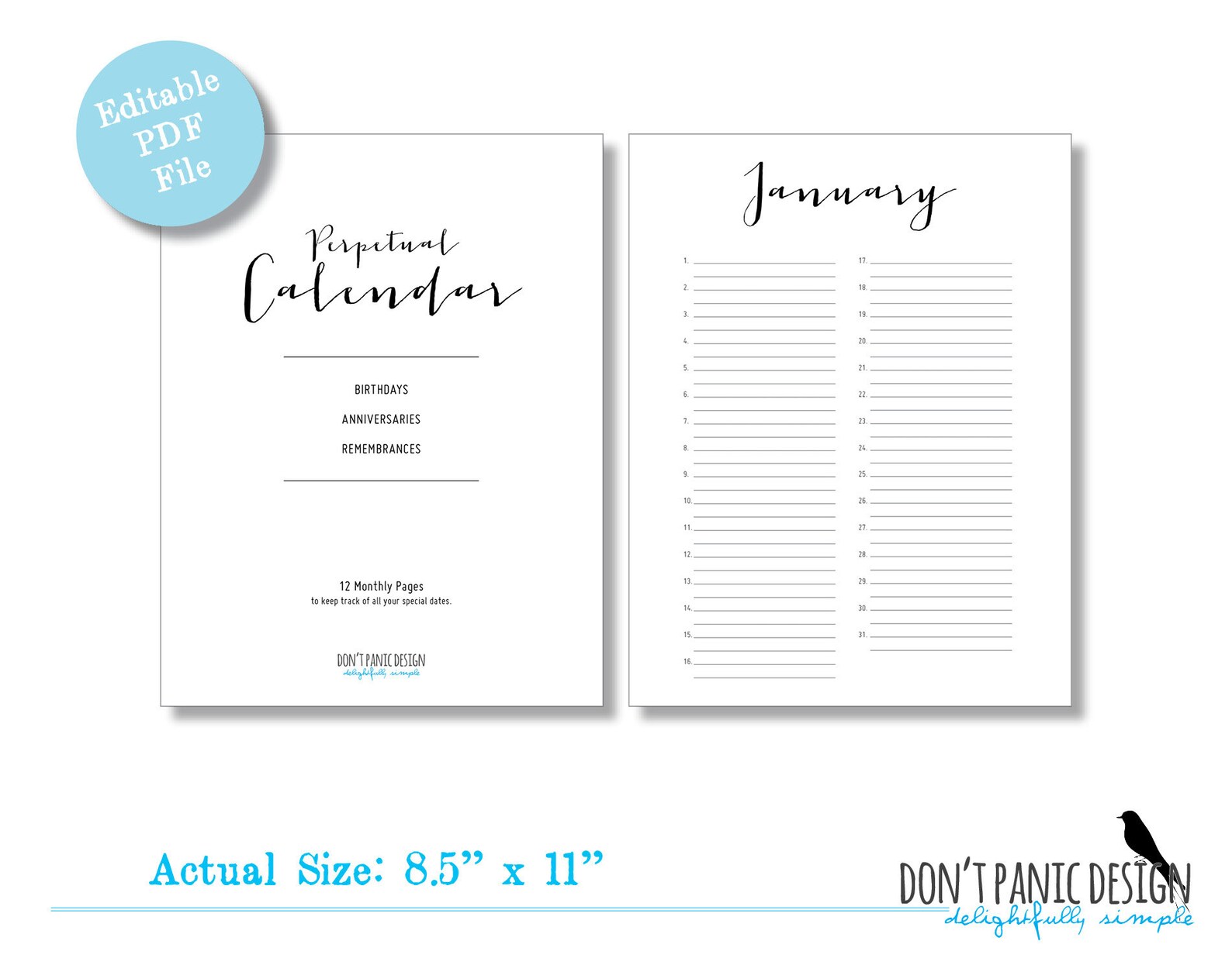 Beautiful Perpetual Calendar - U.S. Letter / A4 Size Birthday Calendar ...