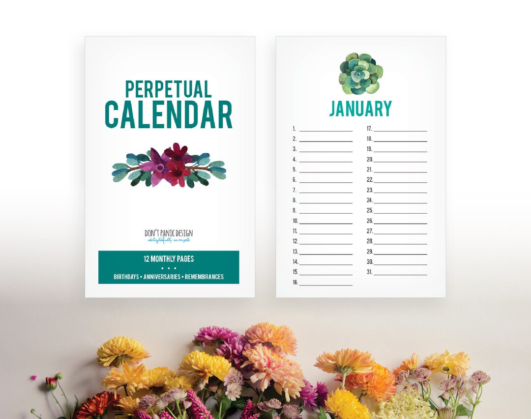 Printable Succulent Perpetual Calendar Birthday Calendar Anniversary ...