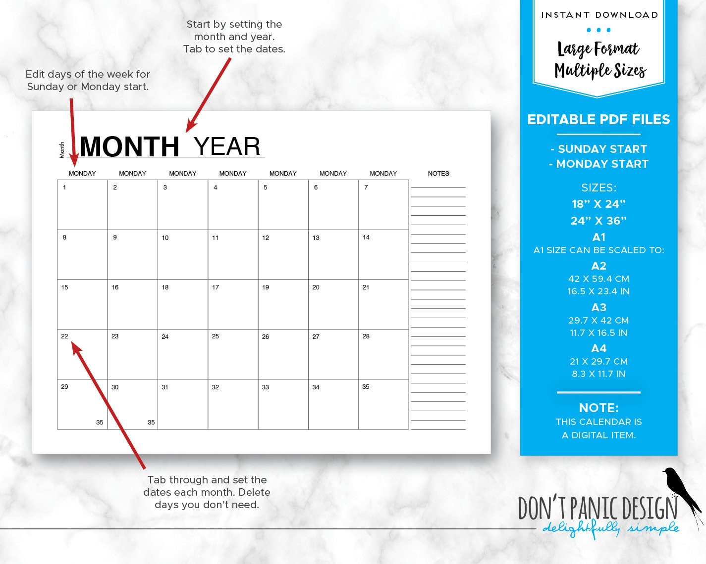 Printable Editable Wall Calendar, Large Calendar With Notes Section and ...