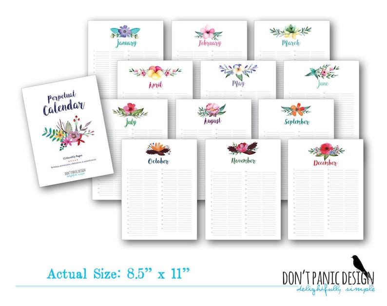 Printable Perpetual Calendar - Full Page Watercolor Floral Birthday ...