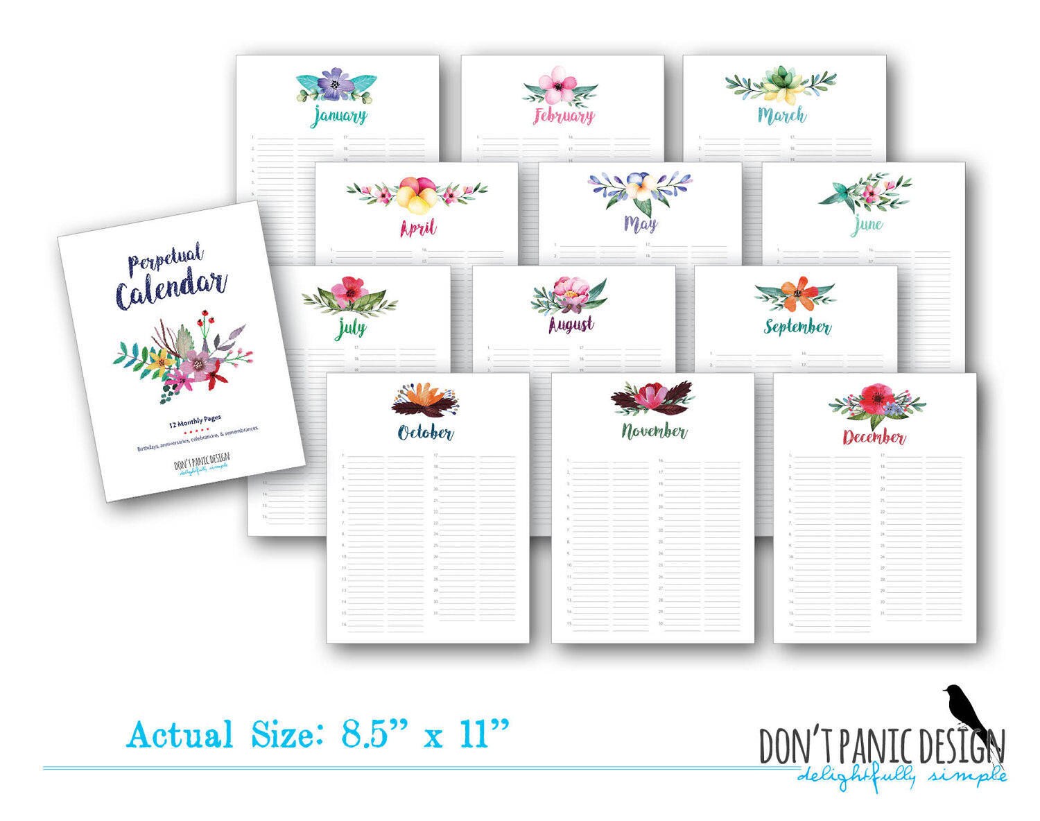 Printable Perpetual Calendar - Full Page Watercolor Floral Birthday ...
