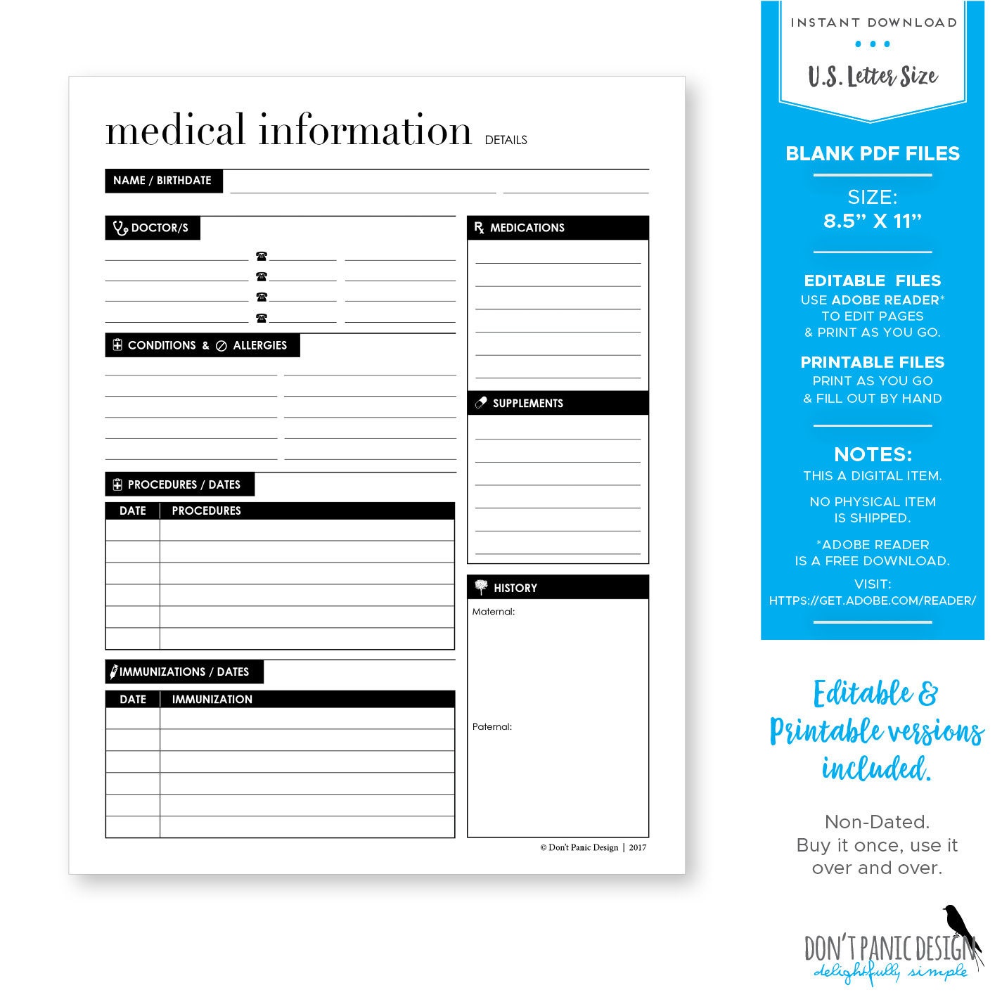 EDITABLE Medical Information Page, Printable Medical Management Pages ...
