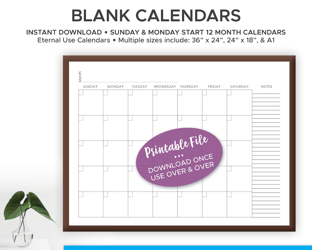 Printable Blank Large Wall Calendar With Notes Section, Office Calendar ...