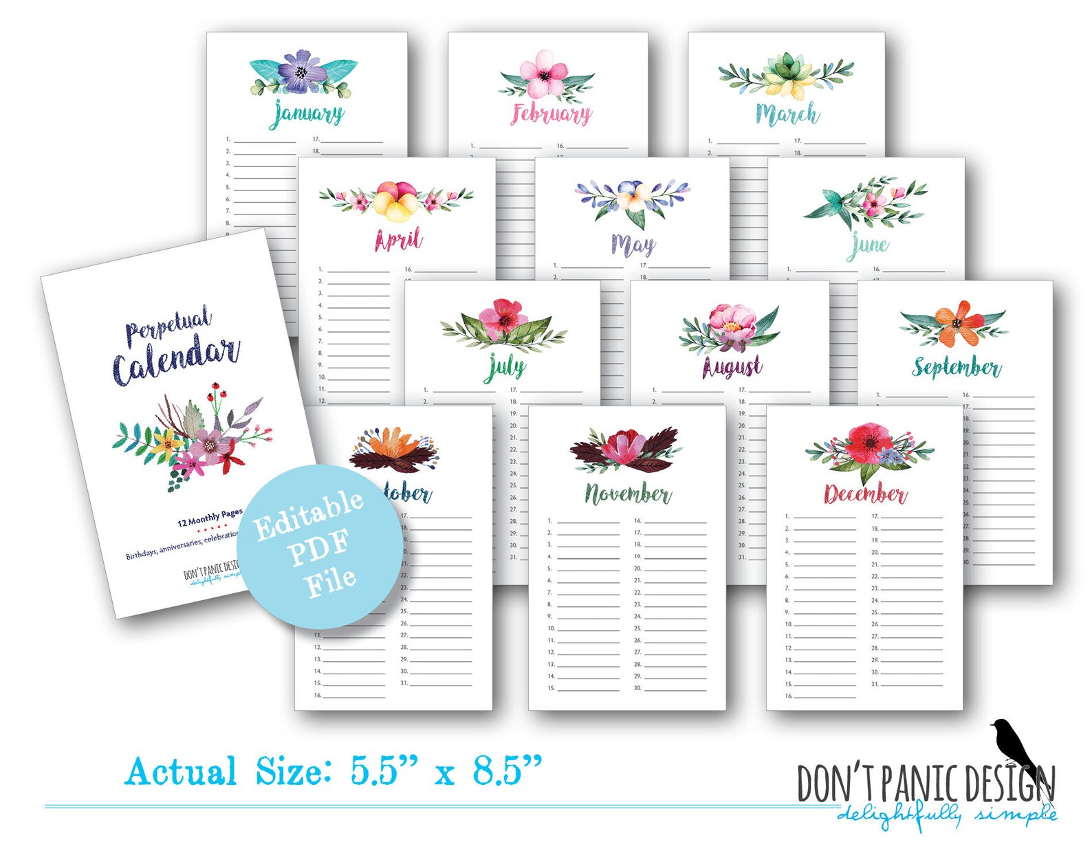 Printable Perpetual Calendar Watercolor Floral Birthday Calendar ...