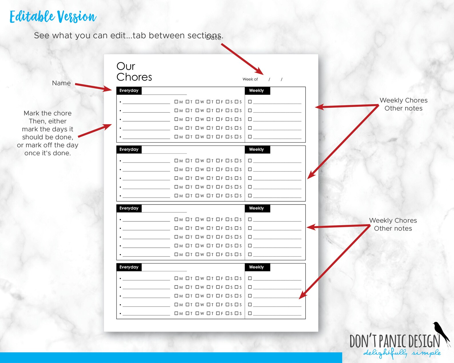 Printable, Editable, Chore Charts for 1, 2, or 4 People Minimalist and ...