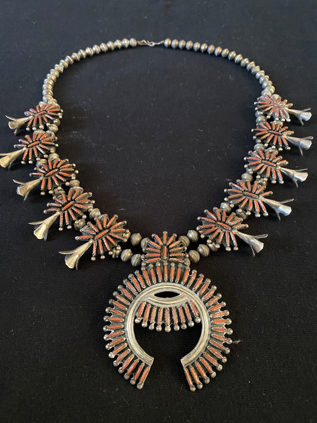 Vintage Zuni Native American Needlepoint Petit Point Silver Coral ...