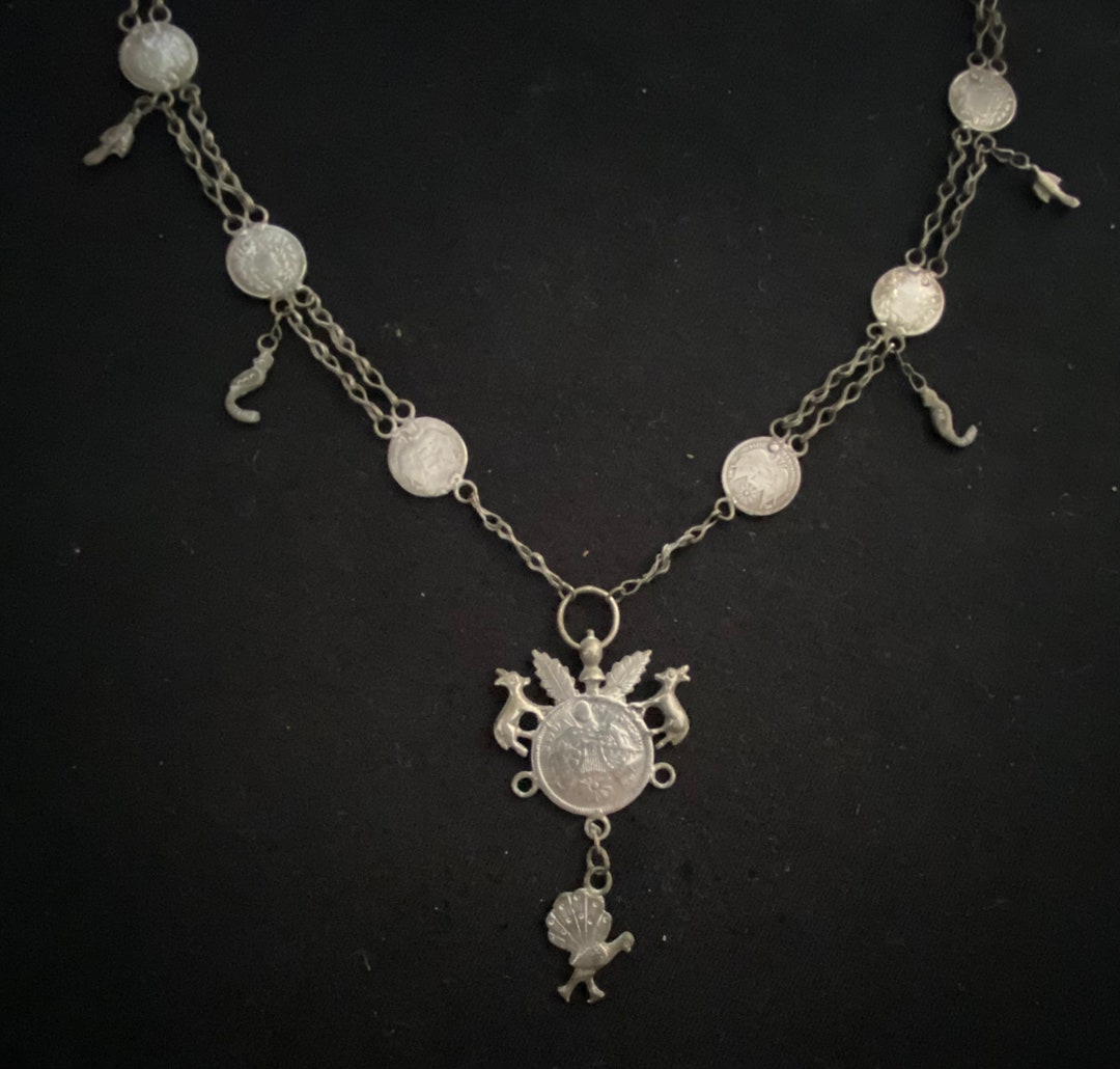 Antique Silver Guatemalan Coins, Milagros, Chachal Charm Necklace From ...