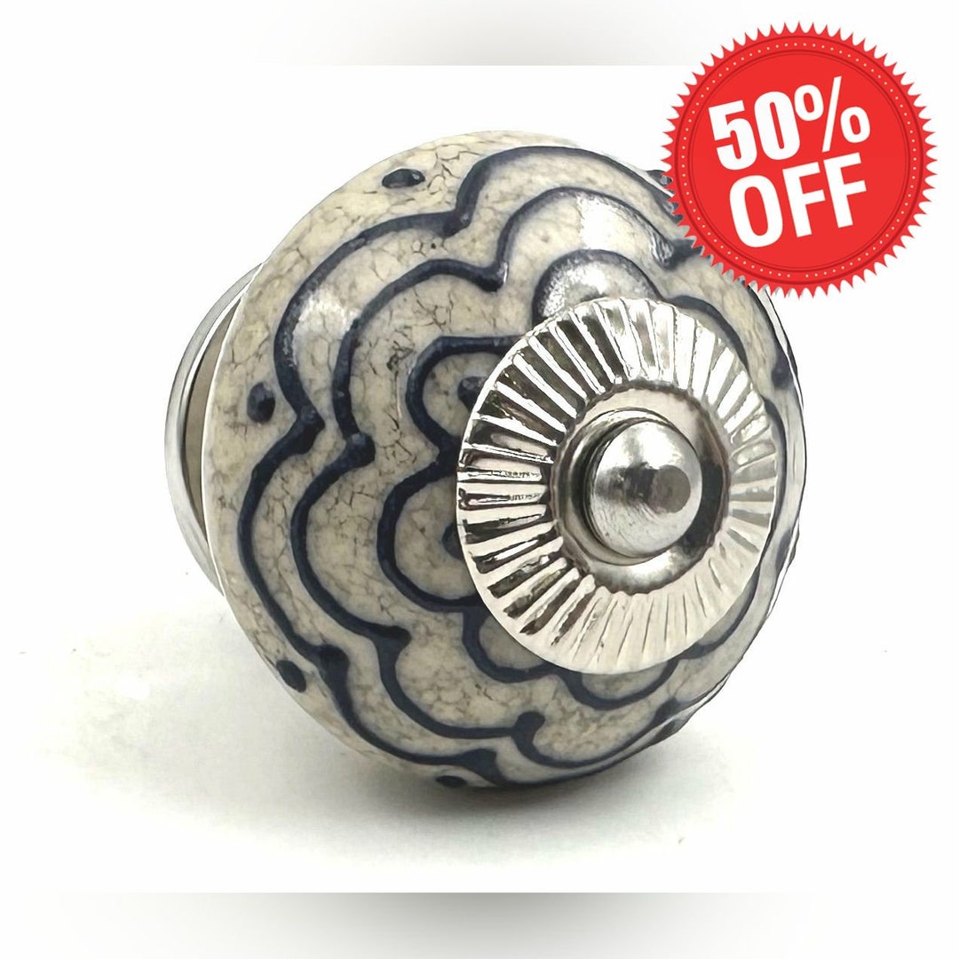Gray Round Ceramic Knob With Blue Stripes, Dresser Knobs, Kitchen Knobs ...