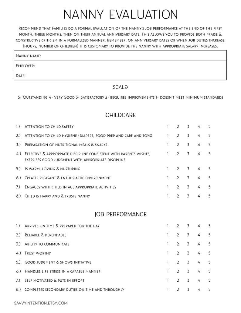 Nanny Evaluation - Etsy