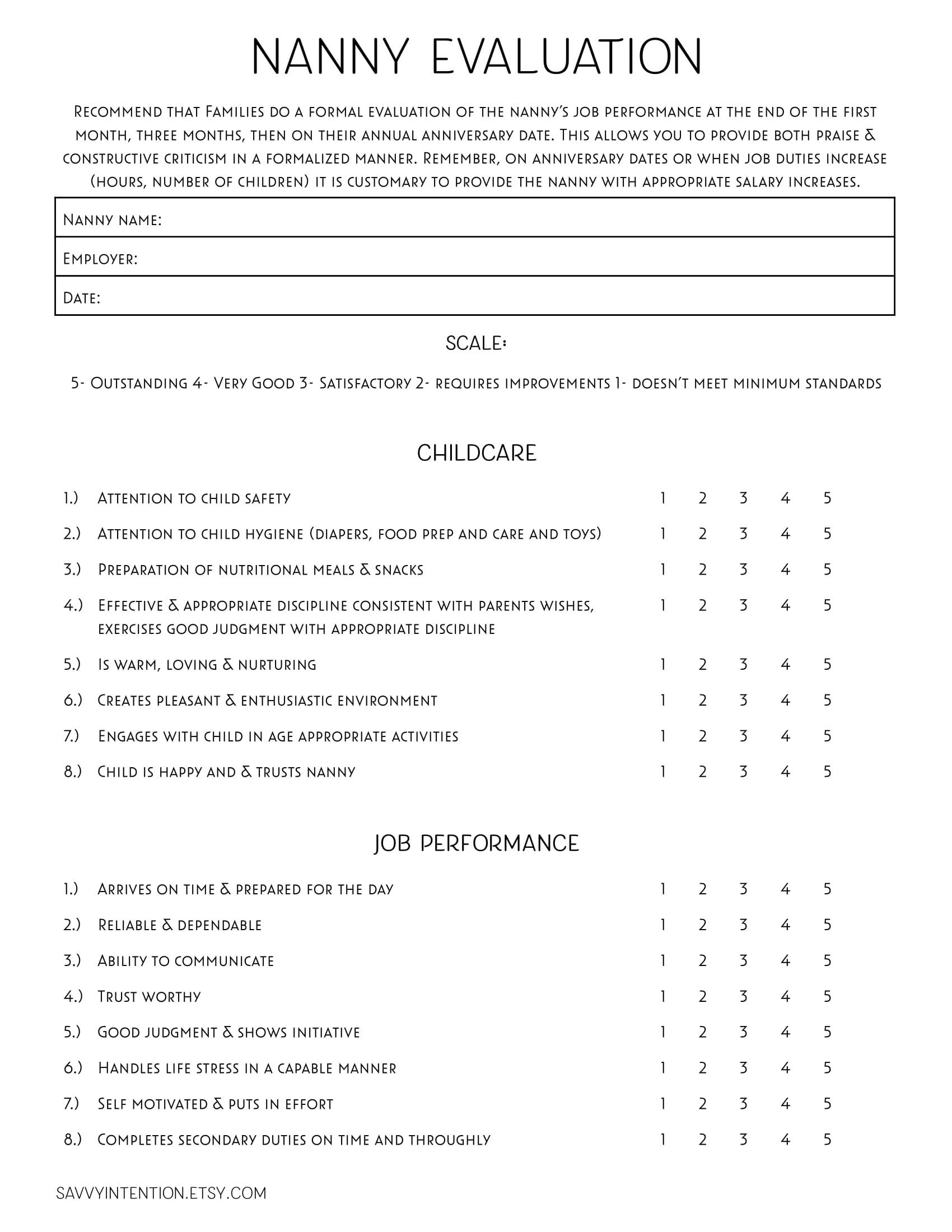 Nanny Evaluation - Etsy