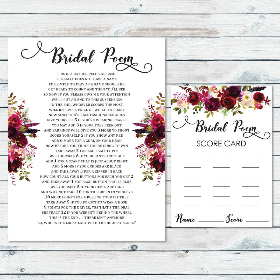 Bridal Poem Game, Bridal Shower Point Poem, Floral Bridal Shower Games ...