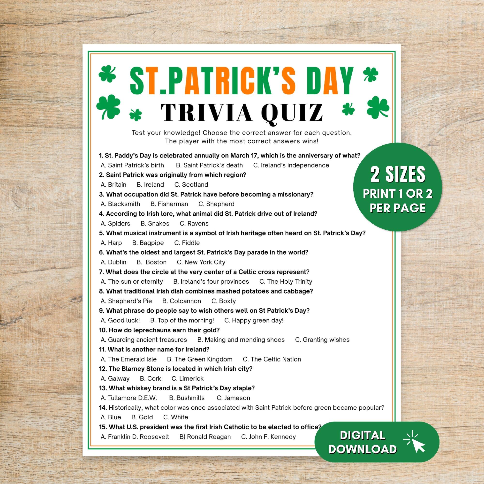 St Patricks Day Trivia Quiz Printable, Irish Party Game (digital ...