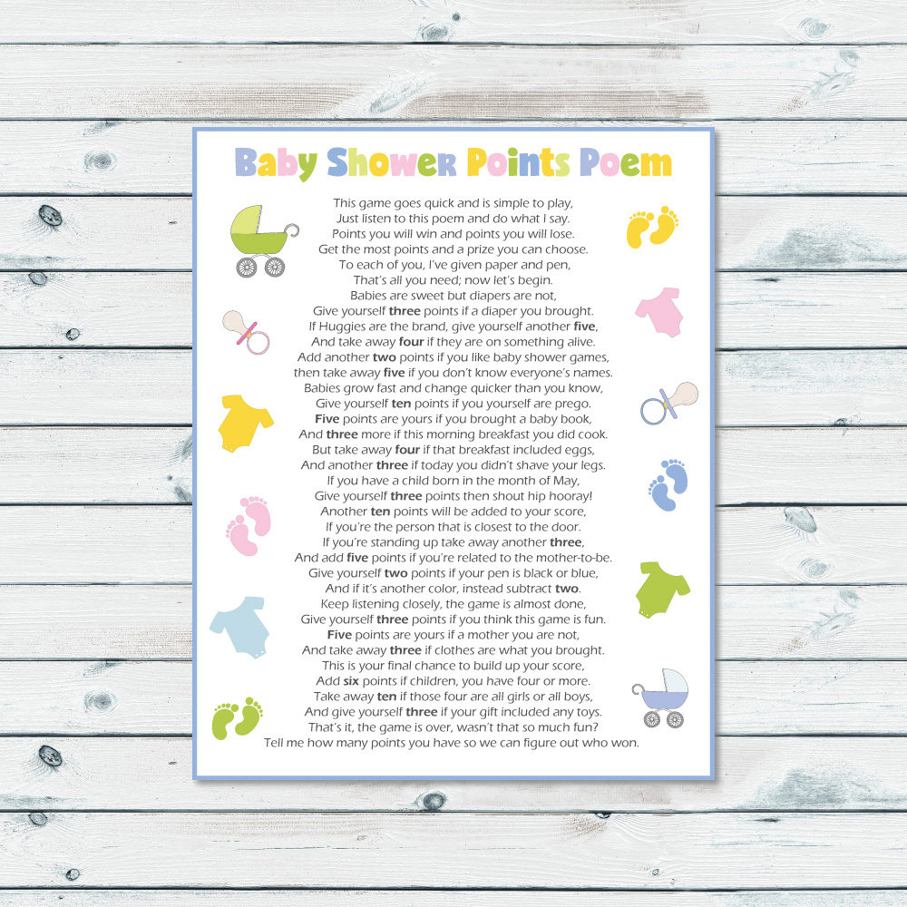 Baby Shower Points Poem Printable Game, Baby Shower Game, Neutral ...