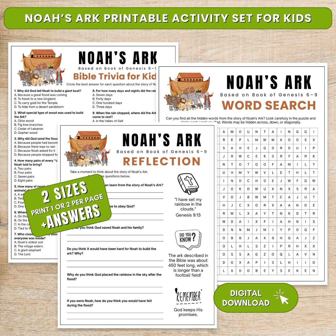 Noah’s Ark Bible Activities Set, Genesis Bible Story Printable Games ...