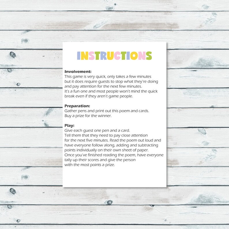 Baby Shower Points Poem Printable Game, Baby Shower Game, Neutral ...