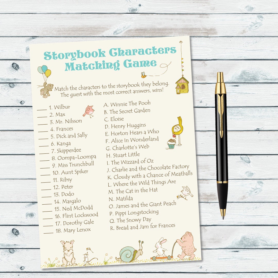 Storybook Characters Matching Game, Children's Book Shower Game ...